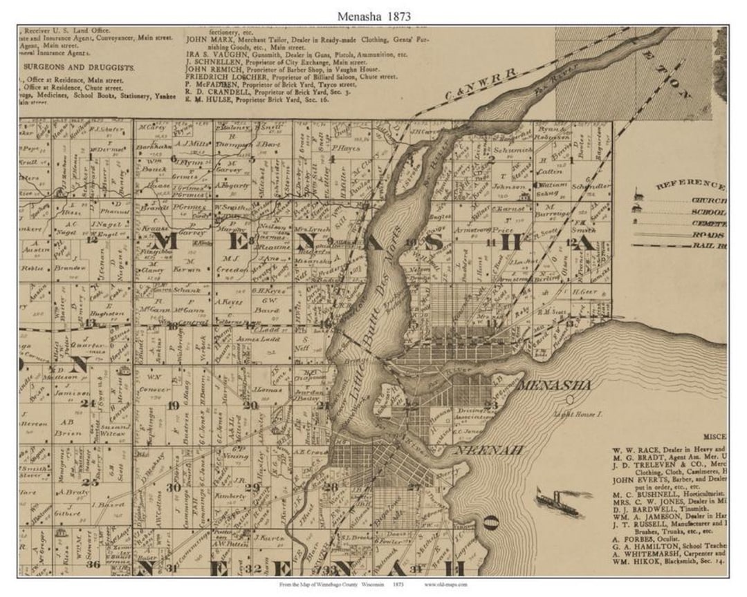 Menasha 1873 Old Town Map With Homeowner Names - Wisconsin - Reprint ...