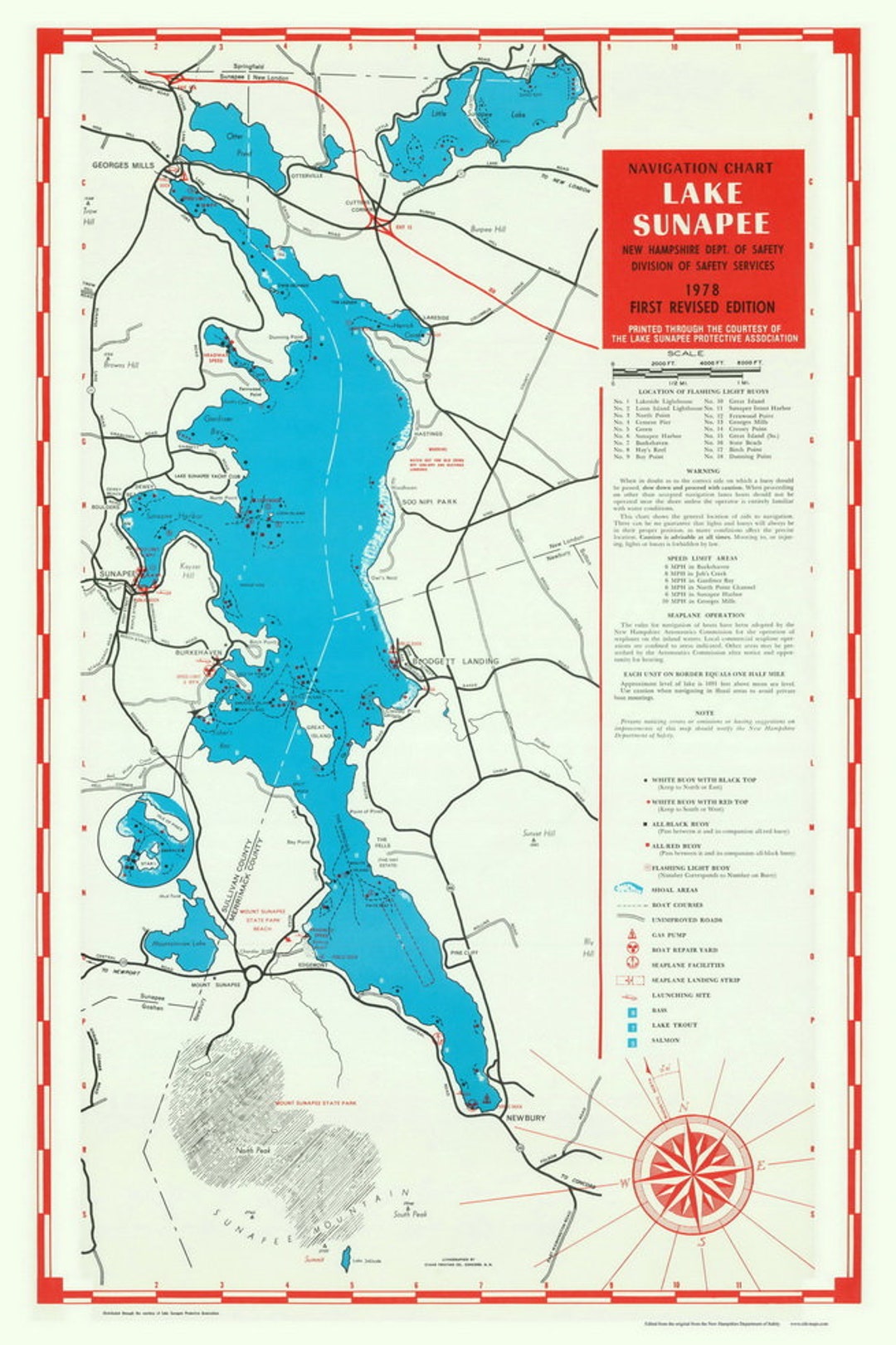 Lake Sunapee 1978 Navigation Old Map Reprint - New Hampshire Lakes - Etsy