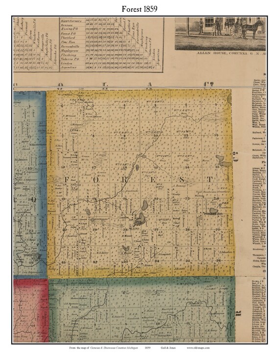 Forest 1859 Old Town Map with Homeowner Names Michigan | Etsy