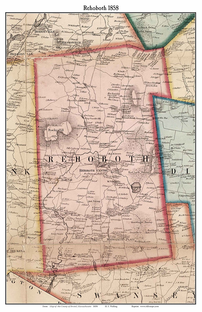 Rehoboth 1858 Old Town Map With Homeowner Names Massachusetts Bad Luck ...