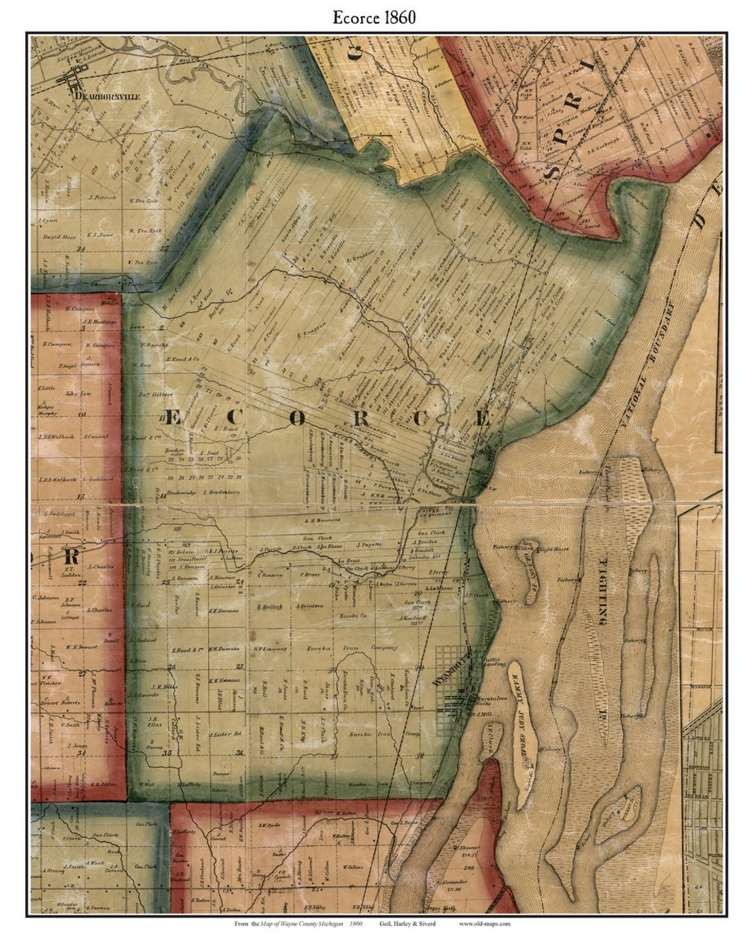 Ecorse 1860 Old Town Map With Homeowner Names - Wyandotte- Michigan ...