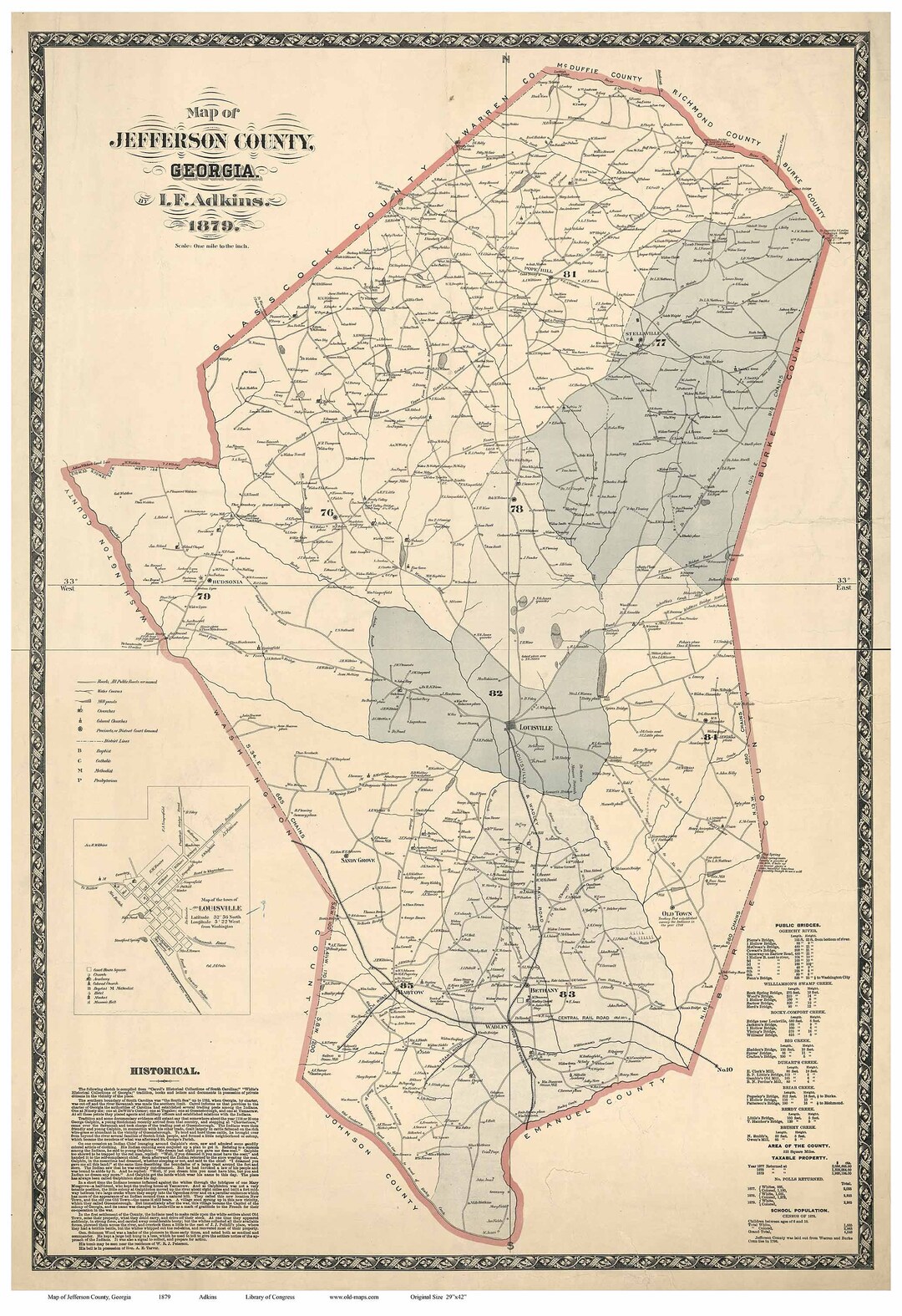Jefferson County Old 1879 Map Georgia - Wall Map With Homeowner Names ...
