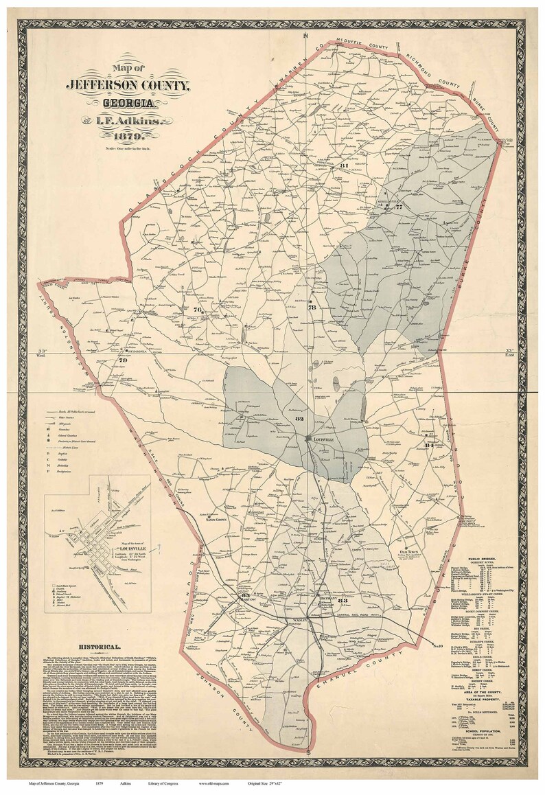 Jefferson County Old 1879 Map Georgia Wall Map With - Etsy