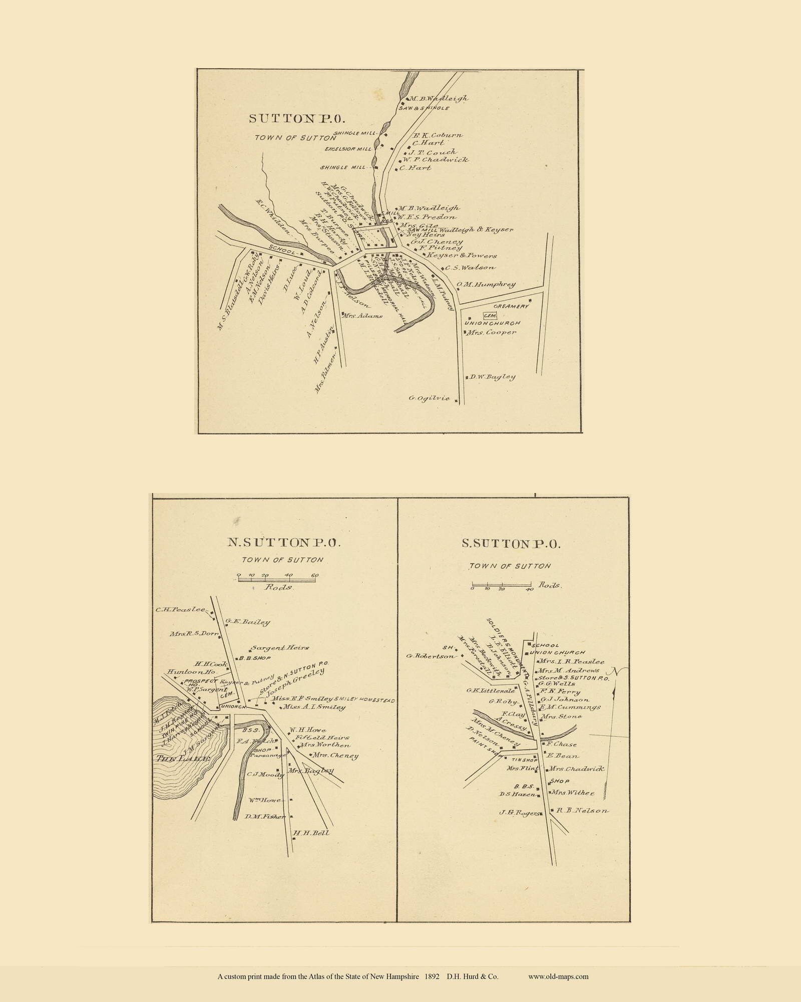 Sutton Villages 1892 Map North & South Sutton PO Homeowner - Etsy