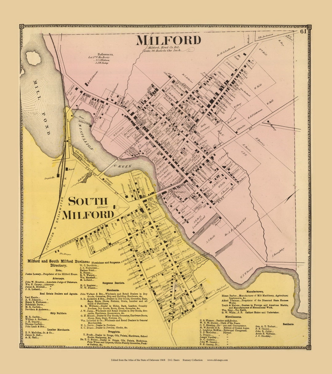 Milford and South Milford Villages Delaware 1868 Old Town Map With ...