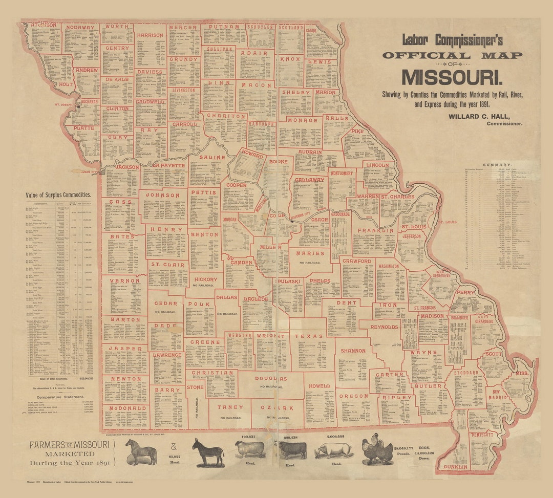 Missouri 1892 - Labor Commissioners State Map - Old Map Reprint - Etsy