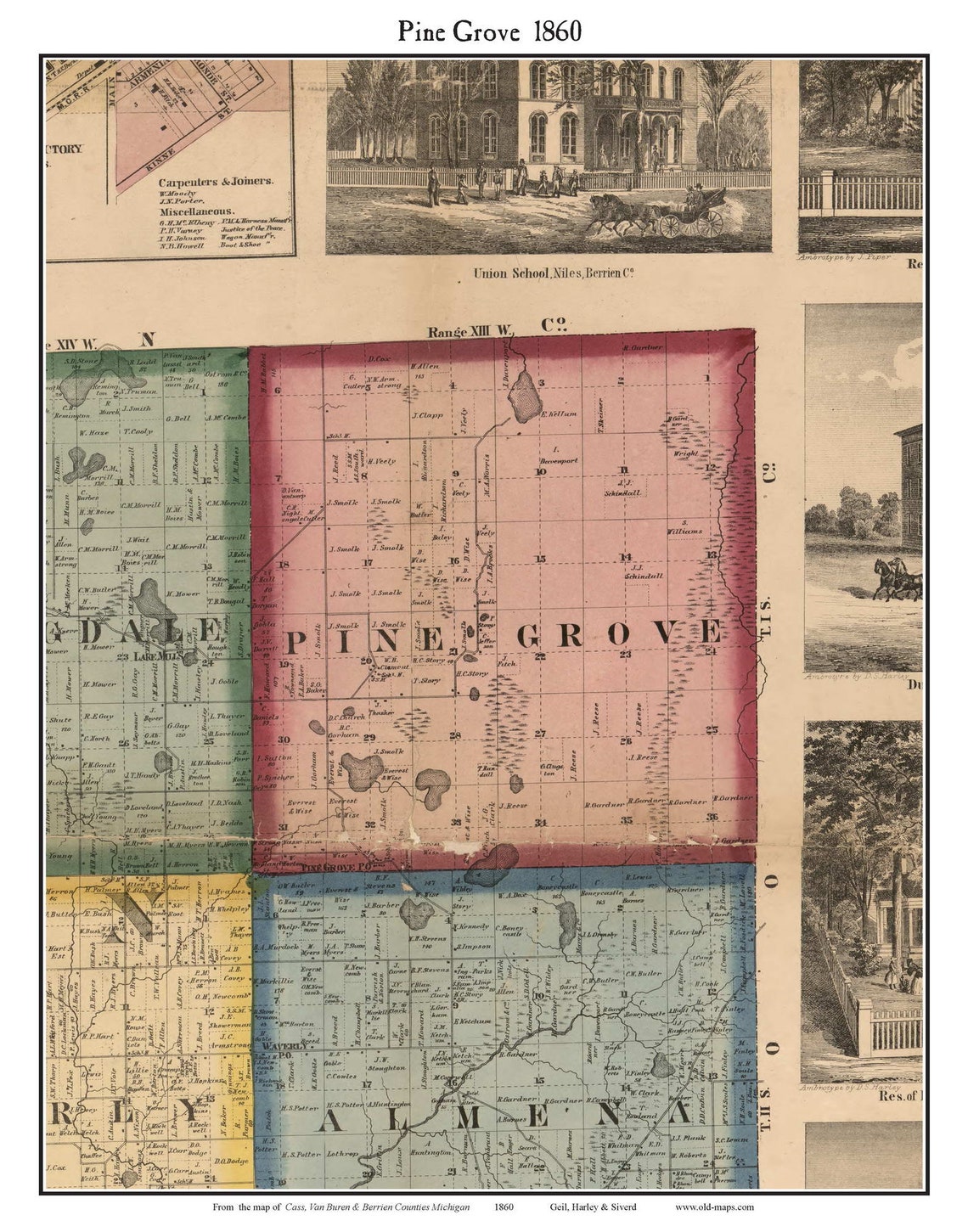 Pine Grove 1860 Old Town Map With Homeowner Names Michigan - Etsy