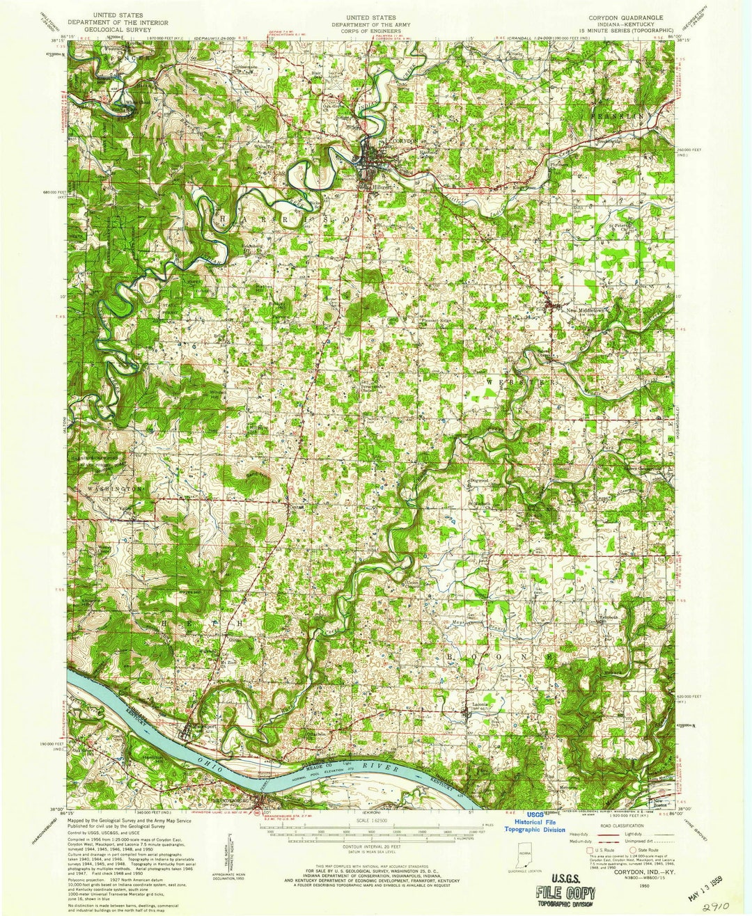 Corydon 1950 1959 Old Topo Map New Middletown Harrison Township Indian ...