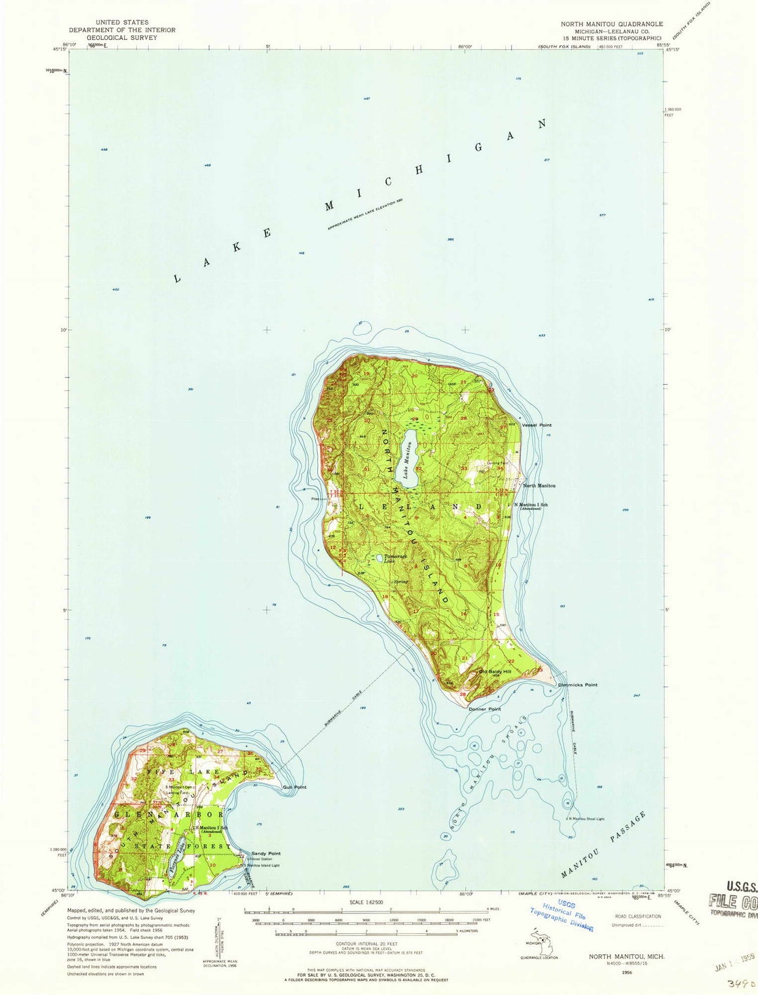 North Manitou 1956 (1958) Old Topo Map - Lake Manitou - Florance - Lake ...