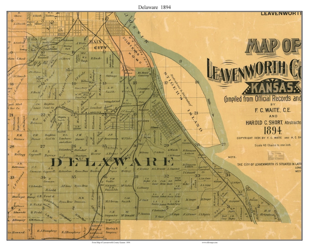 Delaware 1894 Old Town Map With Homeowner Names Stigers Island - Kansas ...