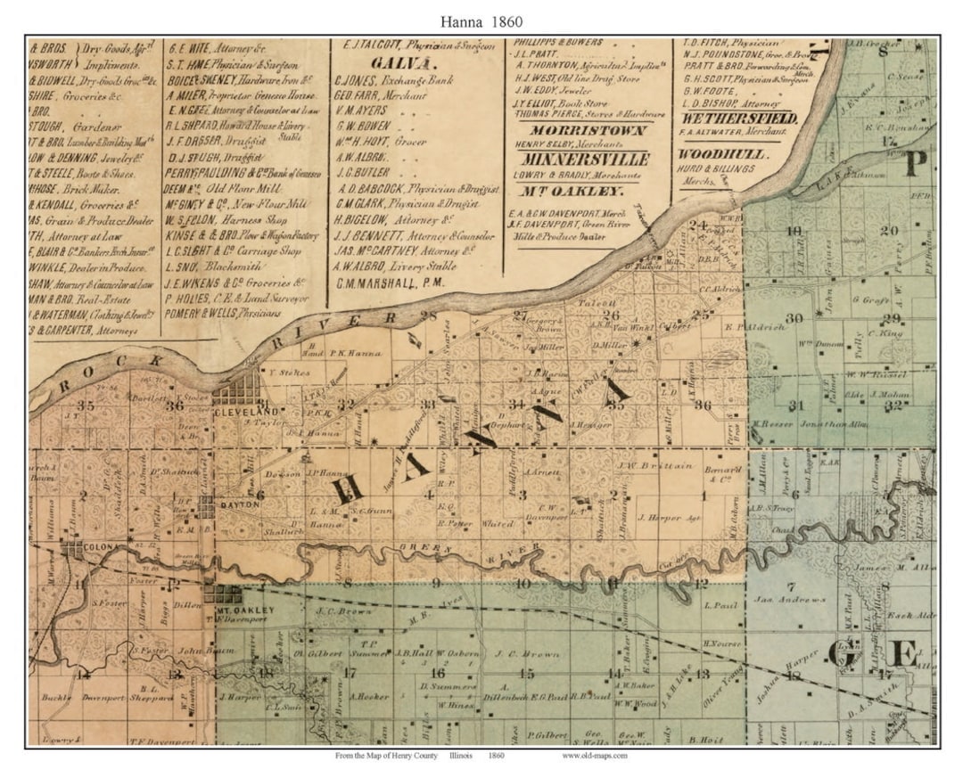 Hanna 1860 - Old Town Map With Homeowner Names Reprint Genealogy ...