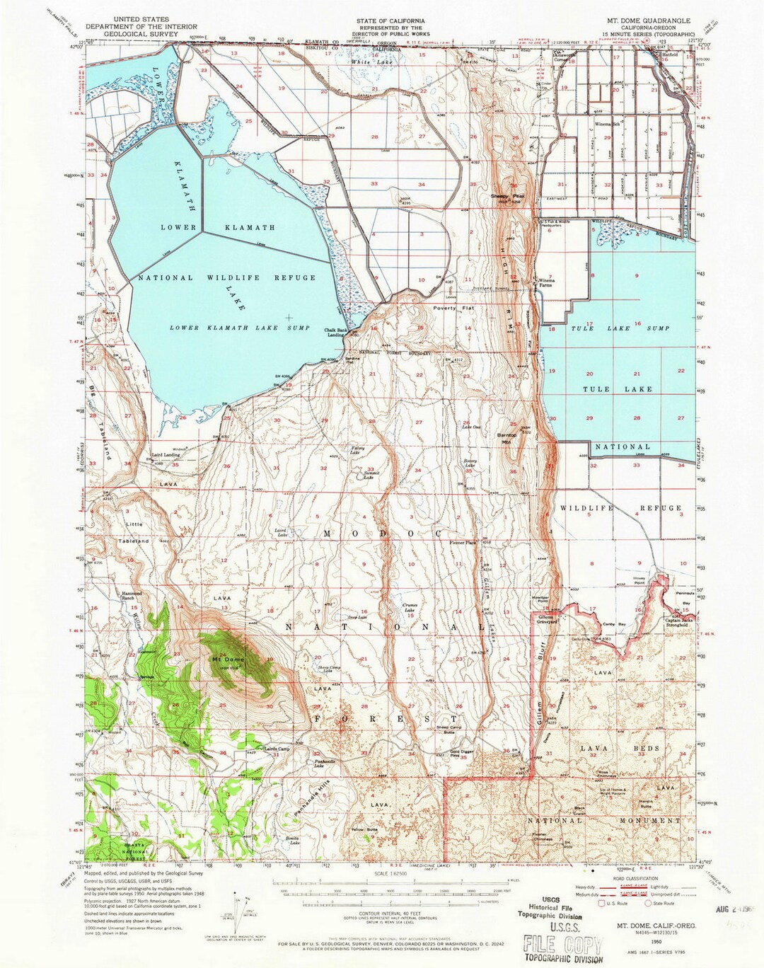 Mount Dome 1950 Old Topo Map Klamath Lake Tule Lake Quad Reprint 15x15 ...