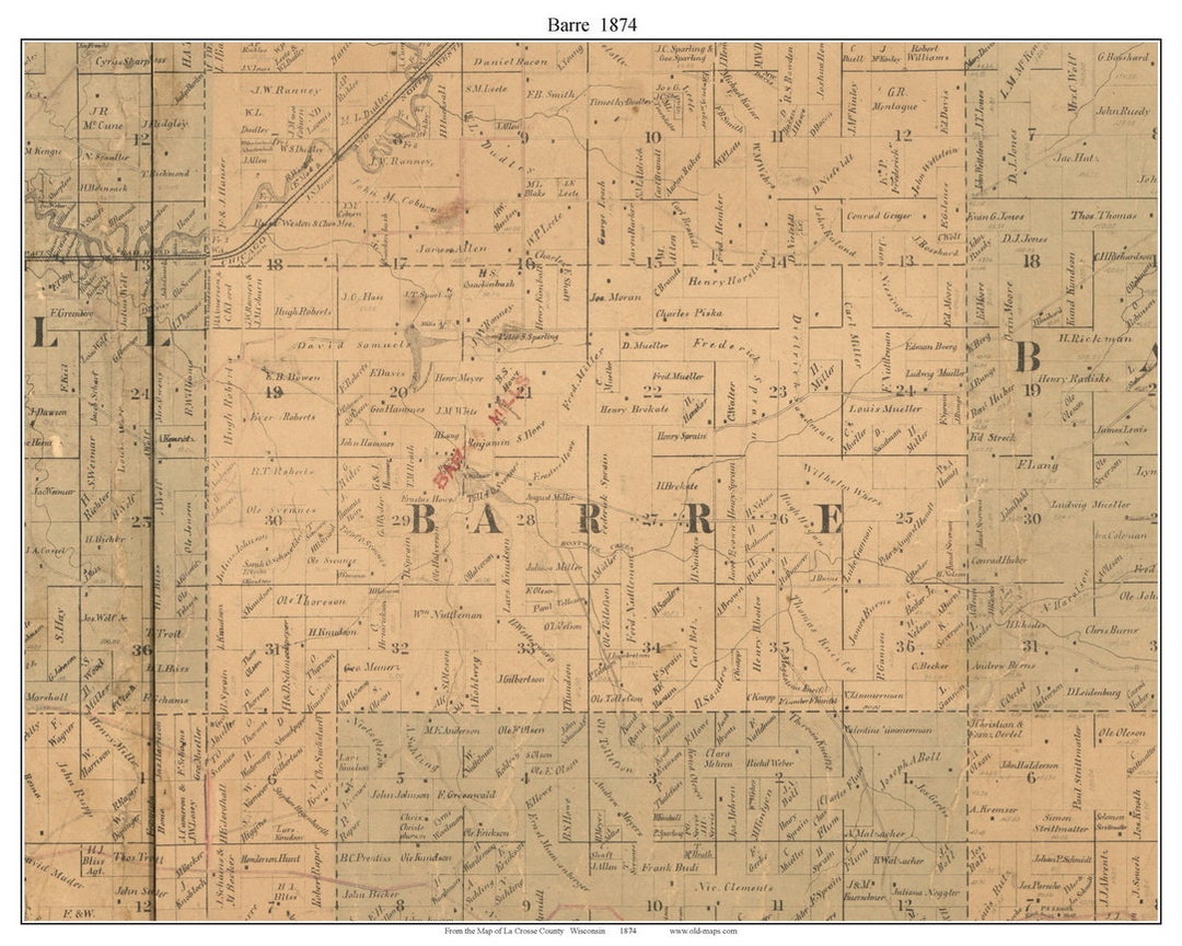 Barre 1874 Old Town Map With Homeowner Names - Wisconsin - Reprint ...