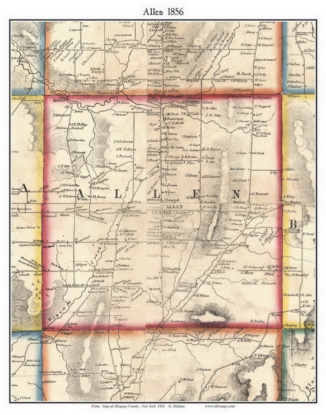 Allen 1856 Old Town Map With Homeowner Names New York Reprint Genealogy ...