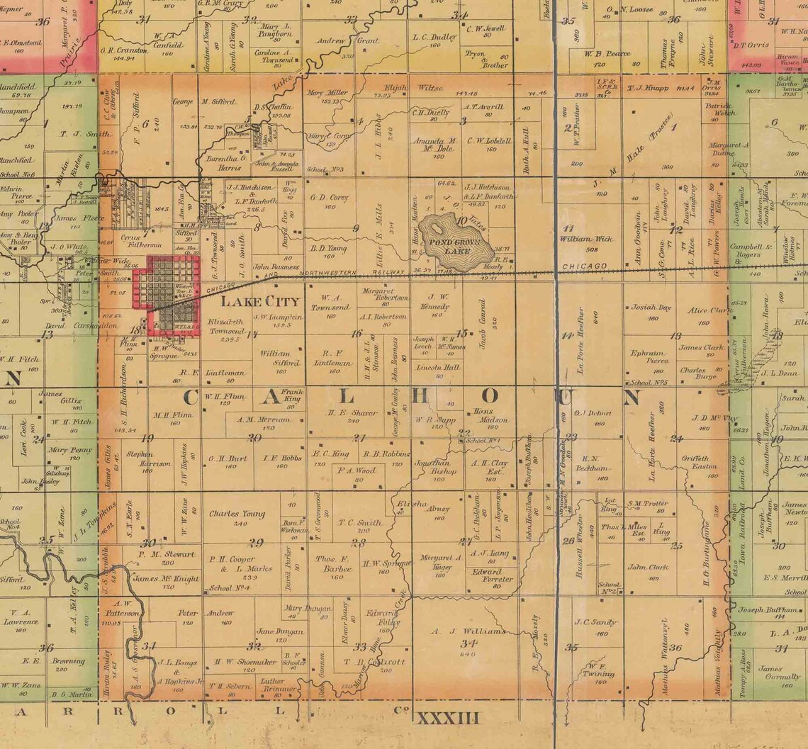 Calhoun County Iowa 1884 Old Wall Map With Landowner Names - Etsy