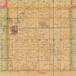 Calhoun County Iowa 1884 Old Wall Map With Landowner Names Farm Lines ...