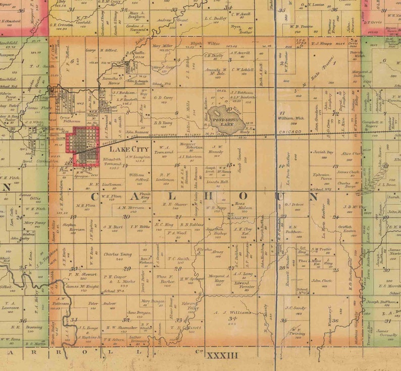 Calhoun County Iowa 1884 Old Wall Map With Landowner Names - Etsy