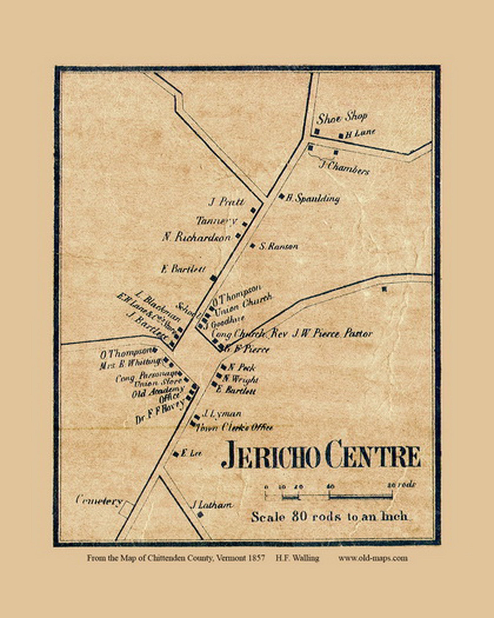 Jericho Center 1857 Old Town Map With Homeowner Names Vermont - Reprint ...