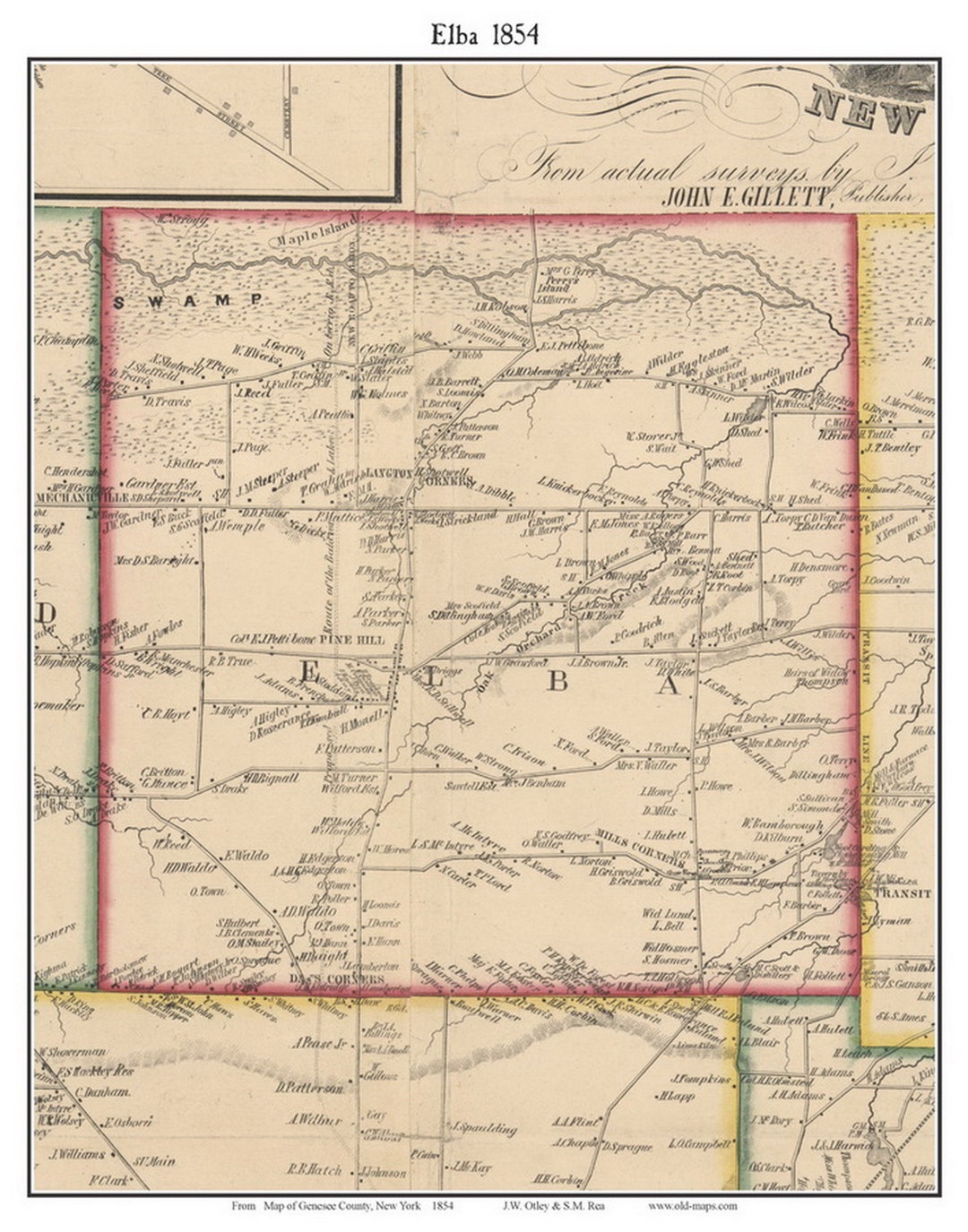 Elba 1854 Old Town Map With Homeowner Names New York - Reprint ...