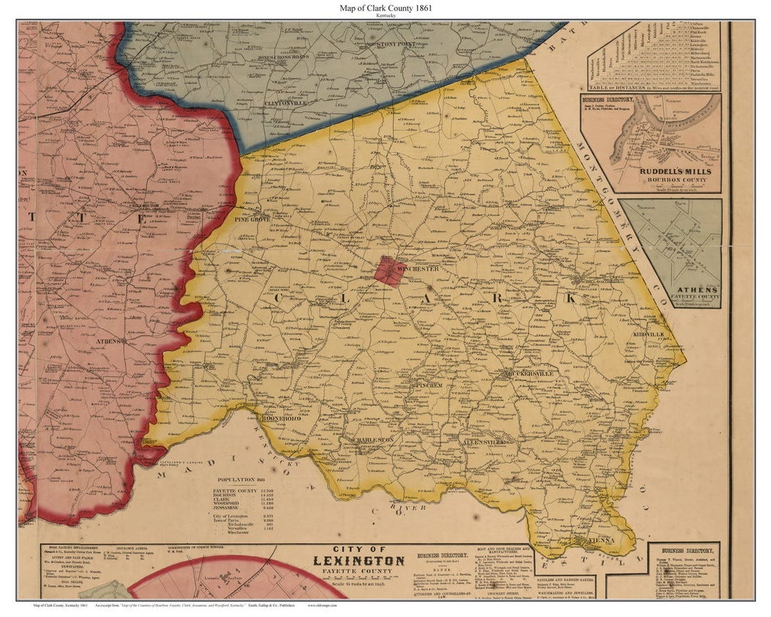 Clark County Kentucky 1861 - Old Wall Map Custom Print - Homeowner ...