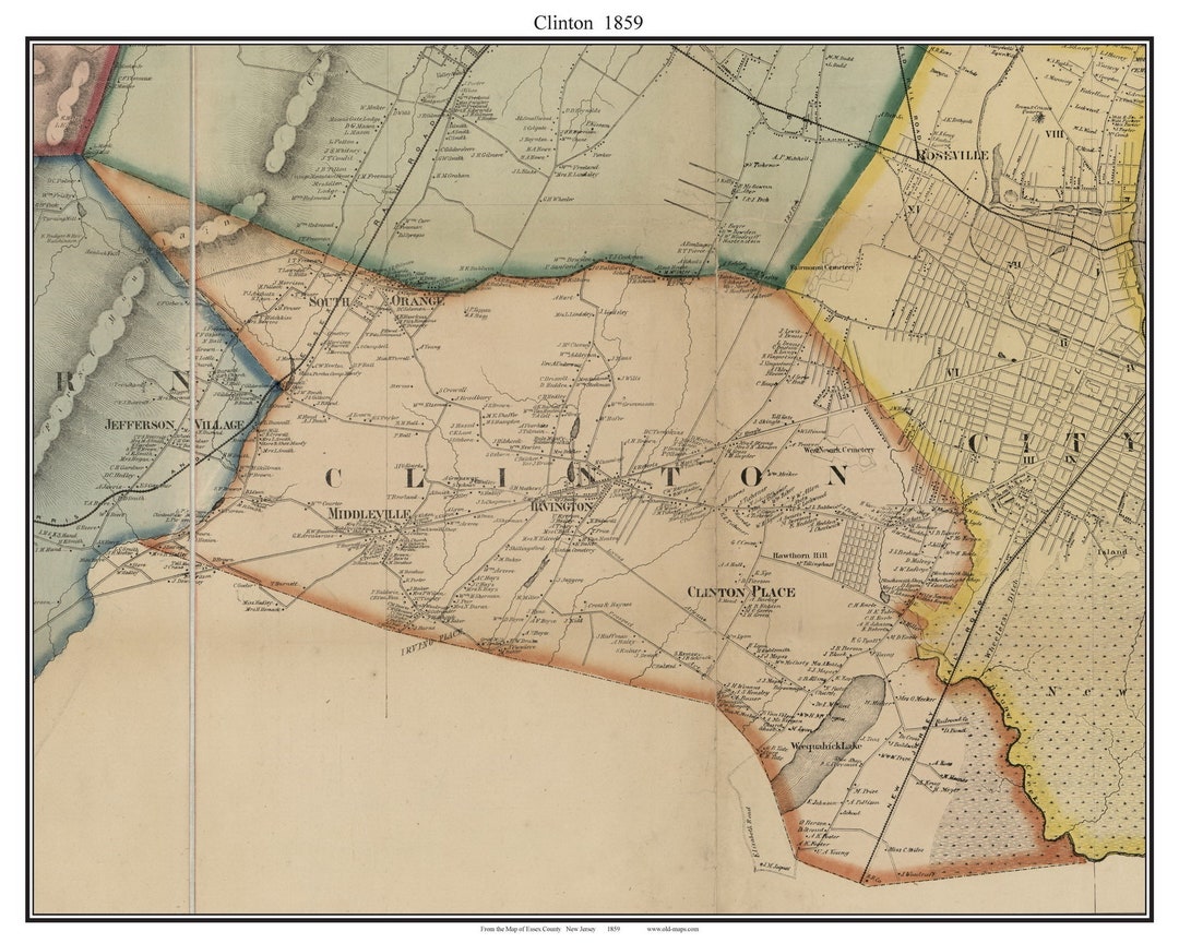 Clinton 1859 Old Town Map With Homeowner Names New Jersey Reprint ...