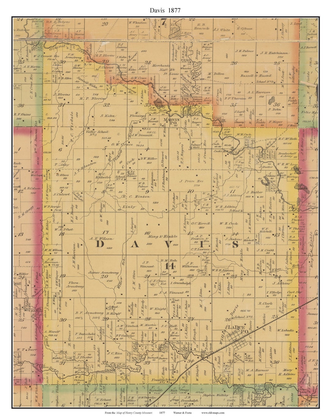 Davis 1877 Old Town Map With Homeowner Names - Marvin - Missouri ...