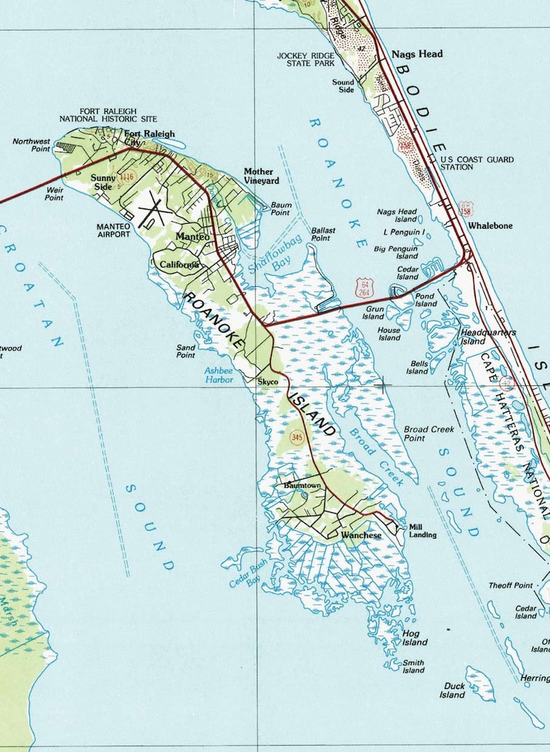Roanoke Island & Cape Hatteras 1985 - Old Topographic Map USGS Custom ...