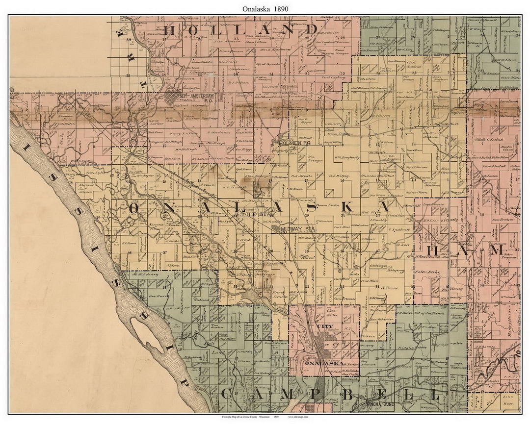 Onalaska 1890 - Old Town Map With Homeowner Names - Holmen Lytle Sta ...