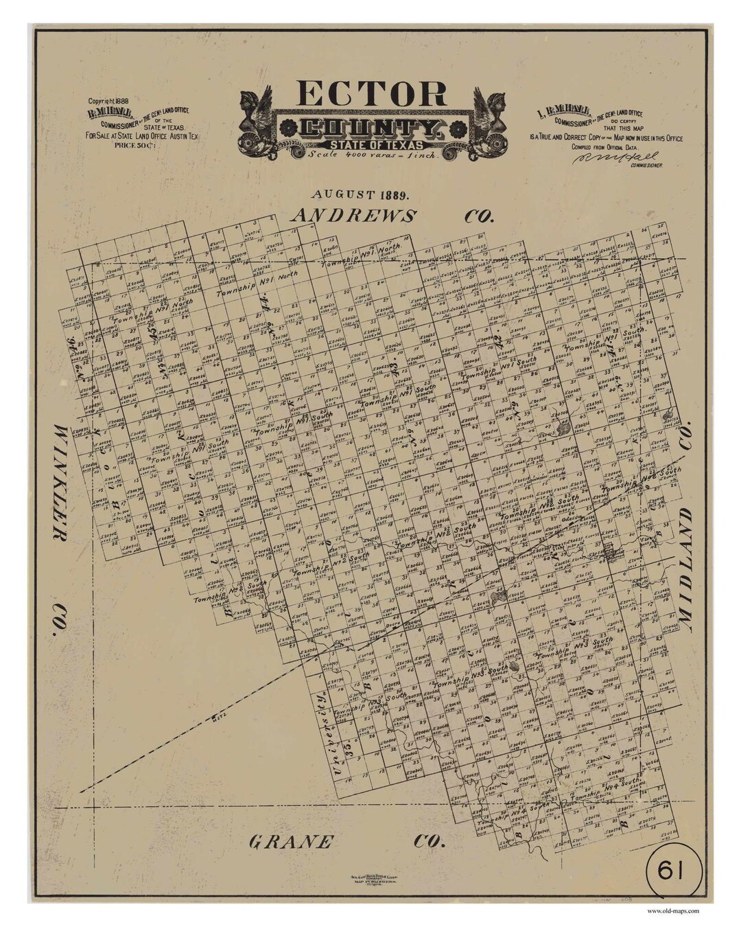 Ector County, Texas 1889 Old Wall Map Reprint With Land Owners Names ...