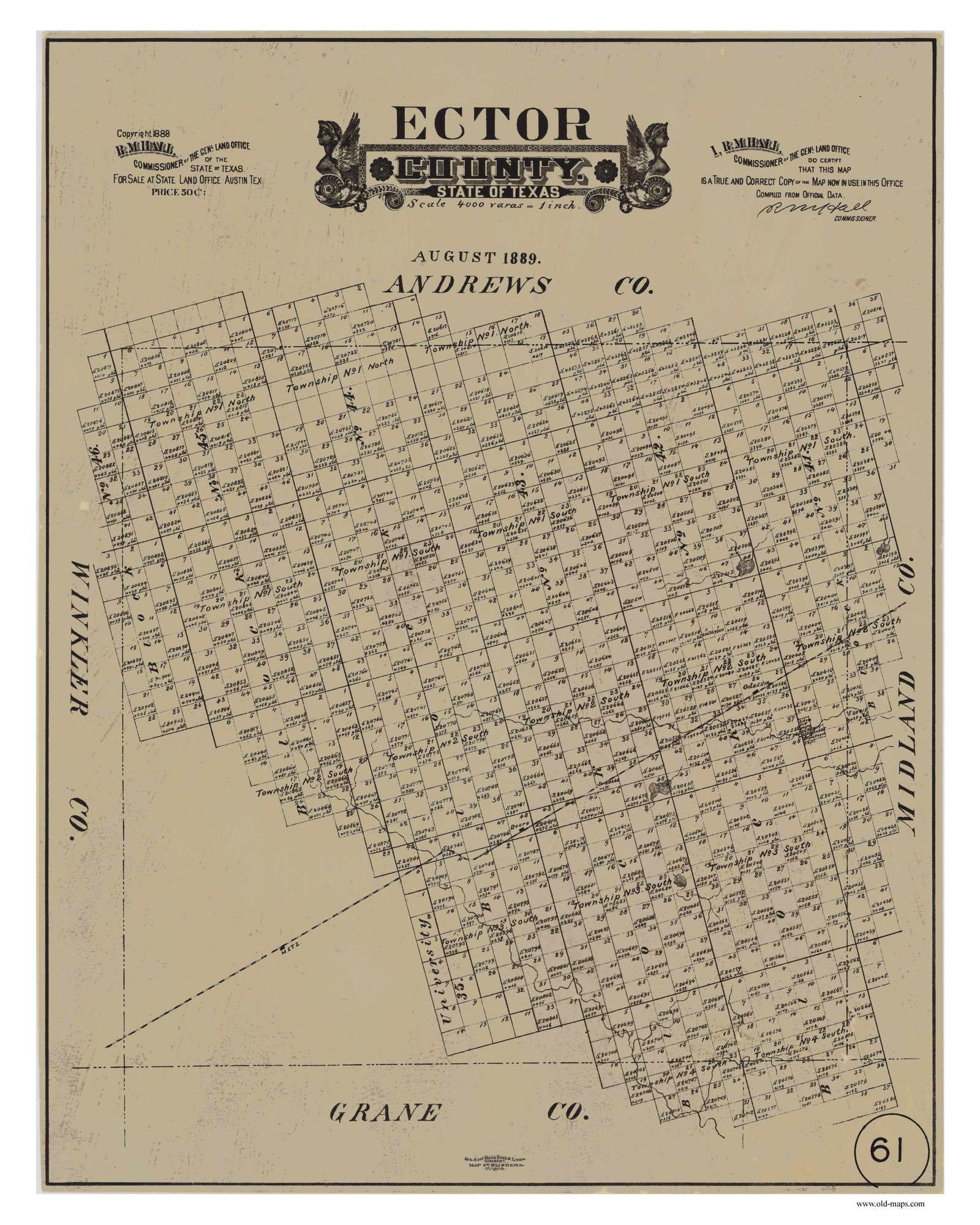 Ector County, Texas 1889 Old Wall Map Reprint With Land Owners Names ...
