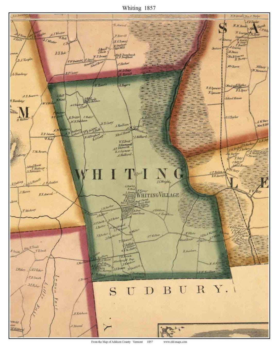 Whiting 1857 Old Town Map With Homeowner Names Vermont - Reprint ...