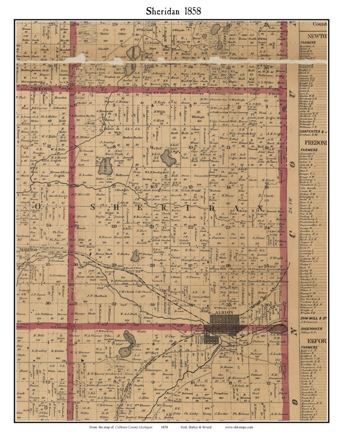 Sheridan 1858 Old Town Map With Homeowner Names - Albion - Deyoe Lake ...