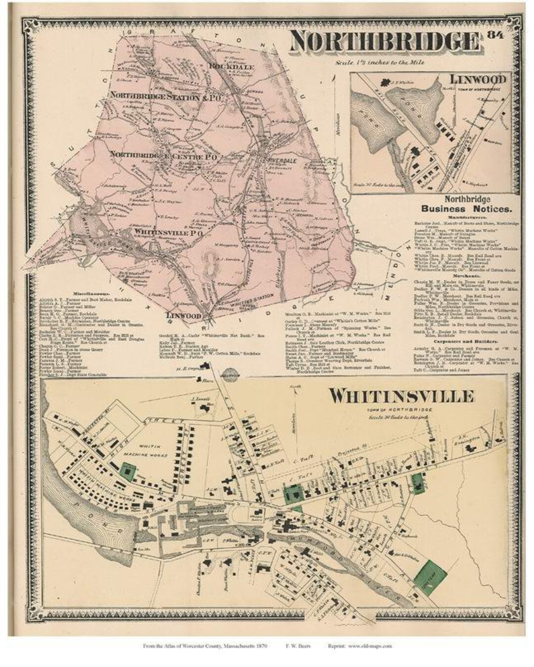 Northbridge 1870 Whitinsville Linwood Old Town Map With - Etsy