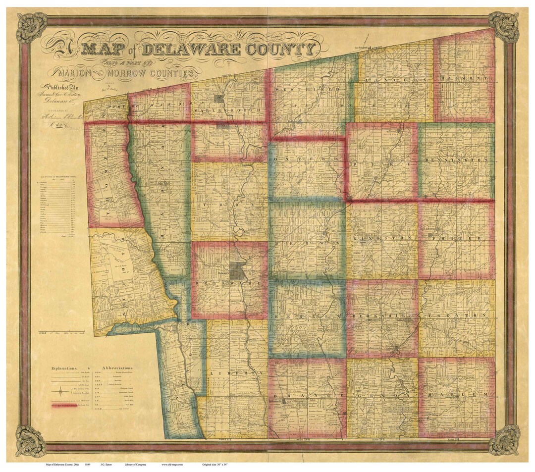 Delaware County Ohio 1849 - Old Wall Map Reprint With Homeowner Names ...