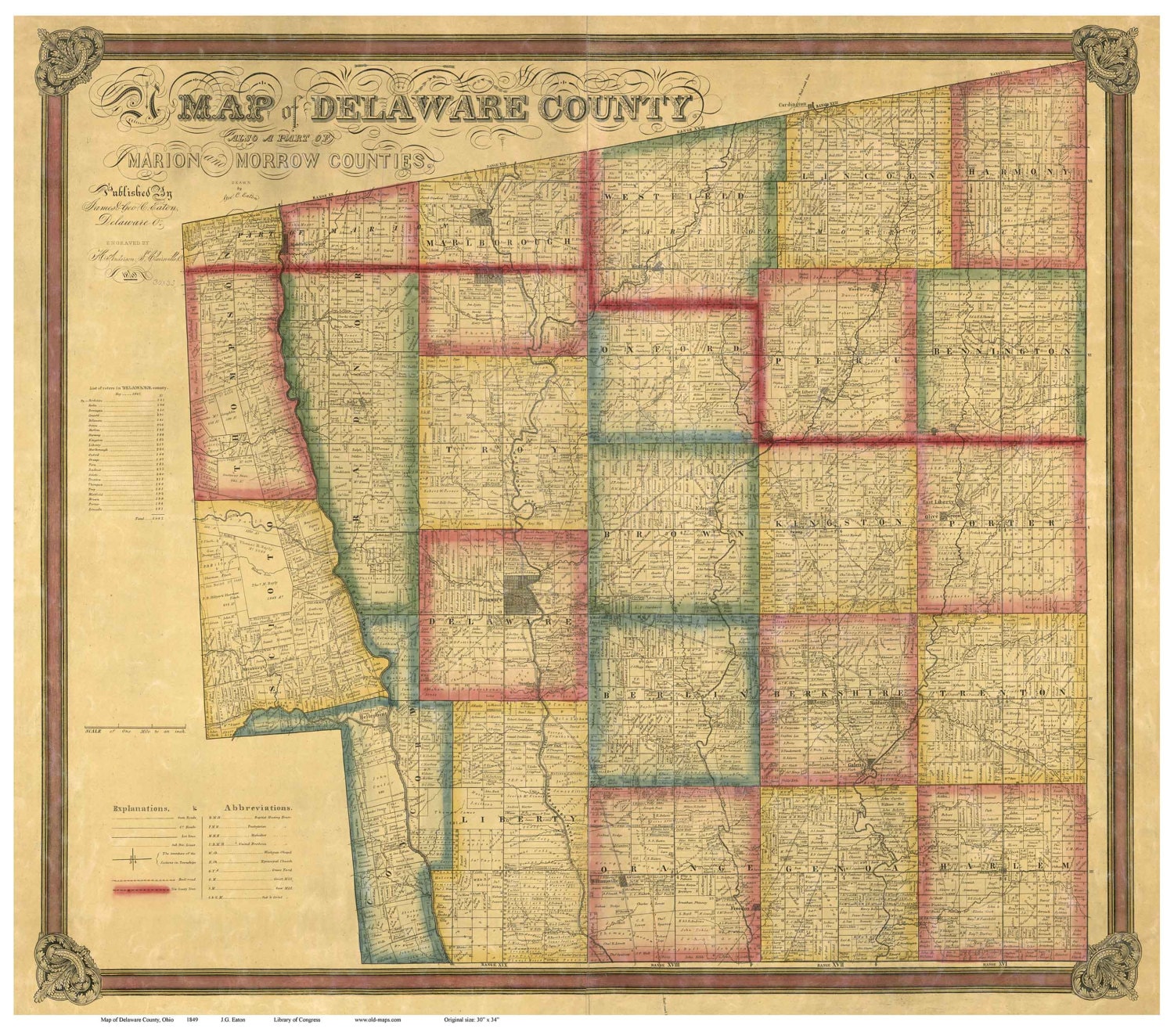 Delaware County Ohio 1849 Old Wall Map Reprint With - Etsy