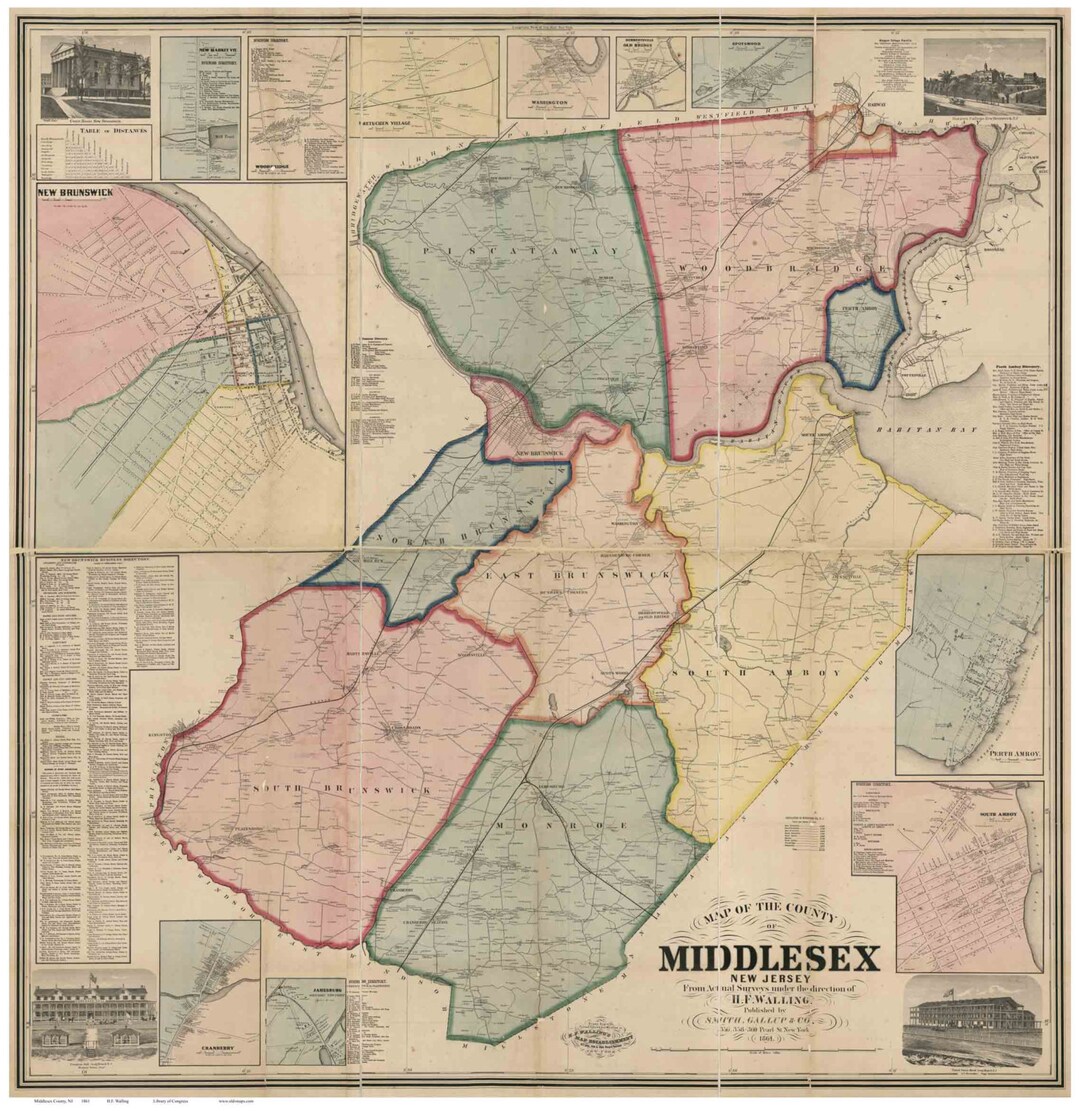 Middlesex County New Jersey 1861 Old Wall Map - Reprint With Homeowner ...