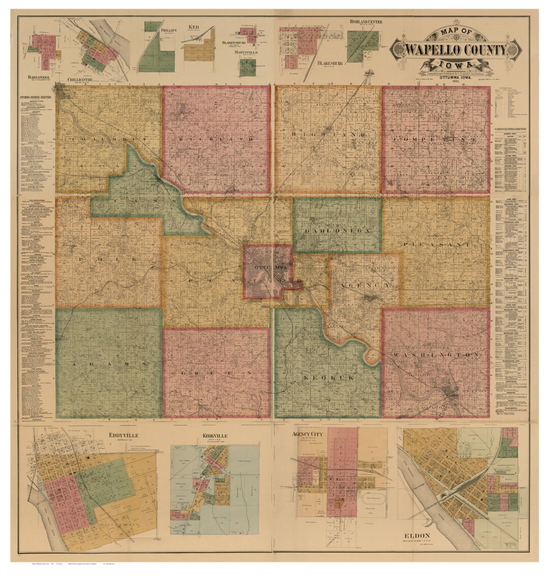 Wapello County Iowa 1893 Old Wall Map With Landowner Names Farm Lines ...