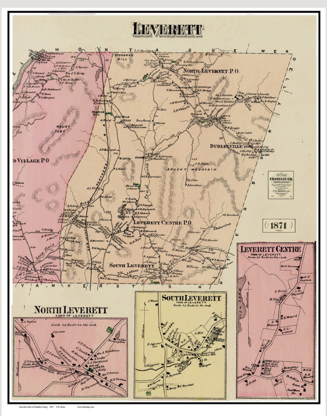 Leverett 1871 Old Town Map Reprint North & South Villages - Etsy