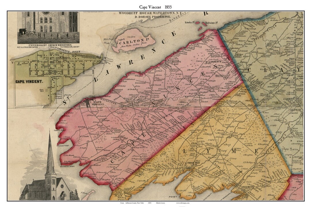 Cape Vincent 1855 Old Town Map With Homeowner Names New York Carlton ...