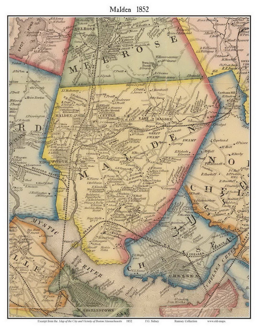 Malden 1852 Old Town Map With Homeowner Names Massachusetts - Reprint ...