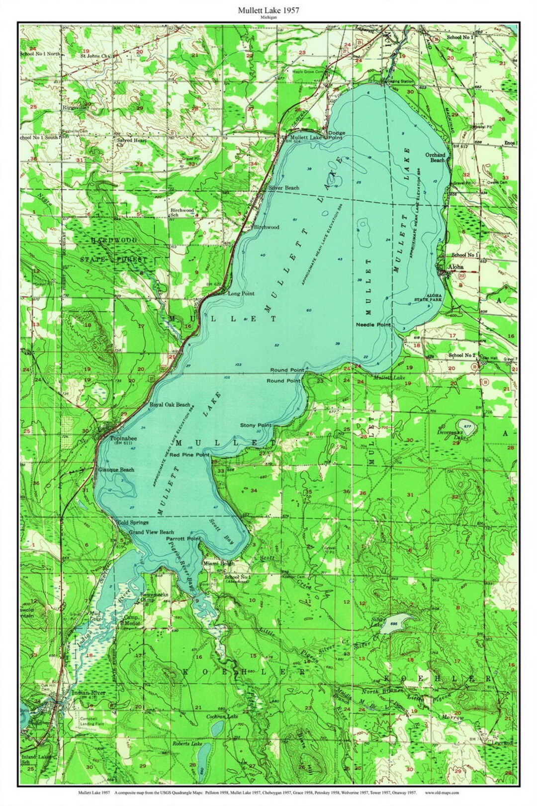 Mullett Lake - 1957 Map Print - Michigan - Old Topographic USGS Custom ...