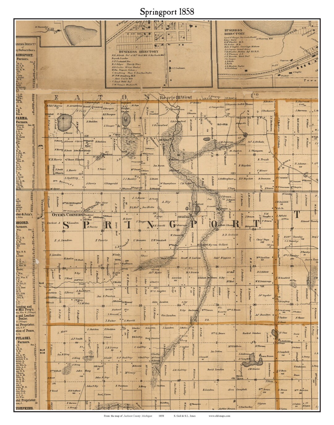 Springport 1858 Old Town Map With Homeowner Names - Michigan - Reprint ...