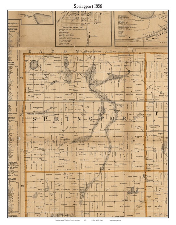 Springport 1858 Old Town Map With Homeowner Names Michigan | Etsy