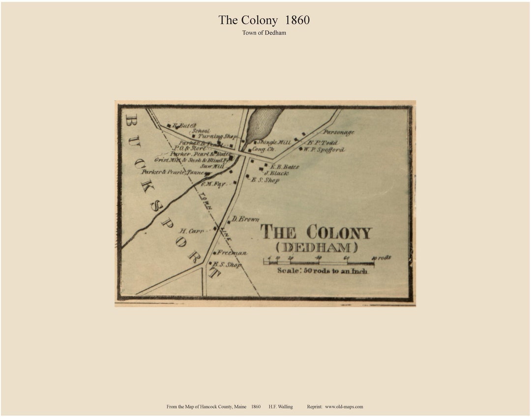 Dedham 1860 the Colony Old Town Map With Homeowner Names Maine ...