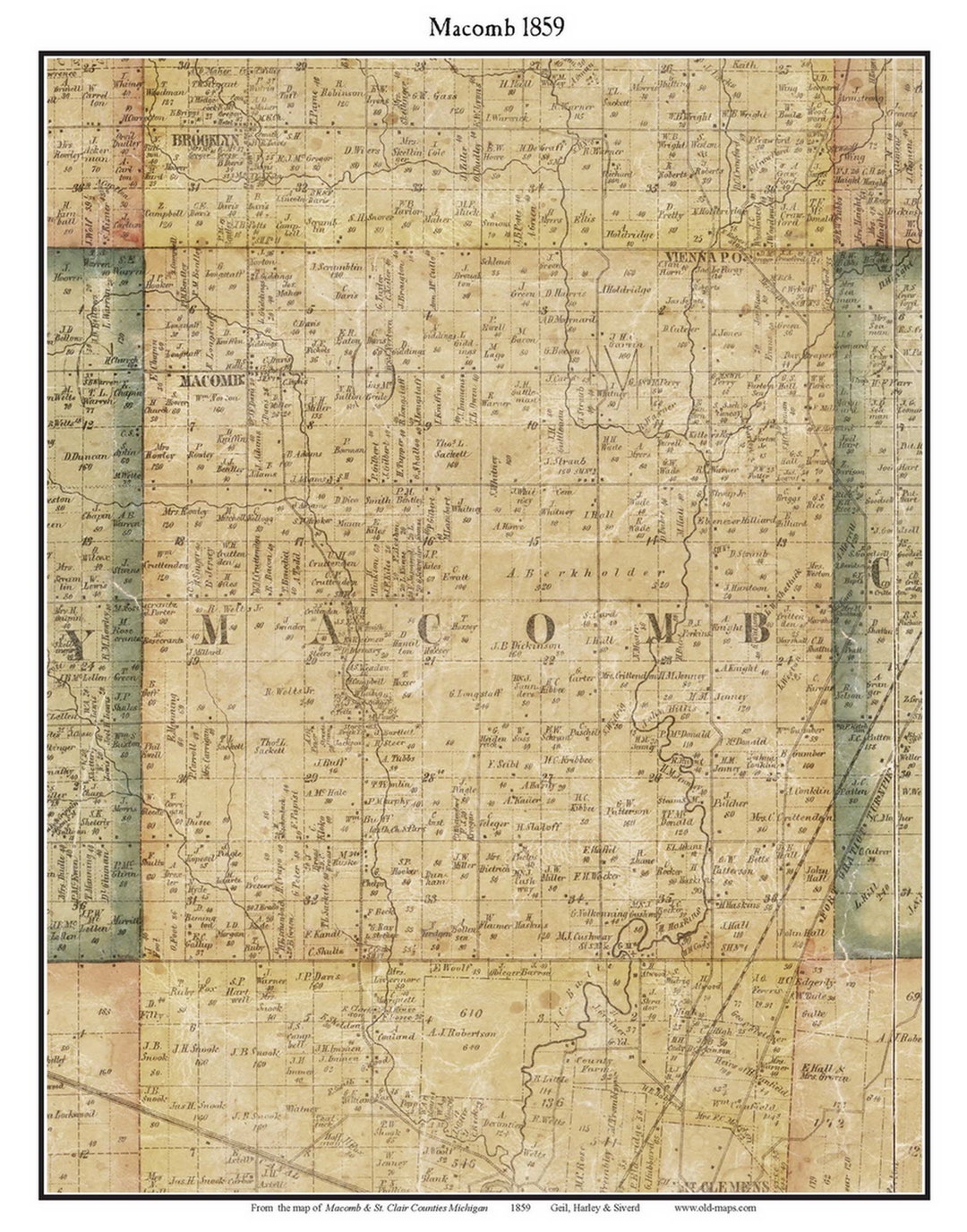 Macomb 1859 Old Town Map With Homeowner Names - Michigan - Reprint ...