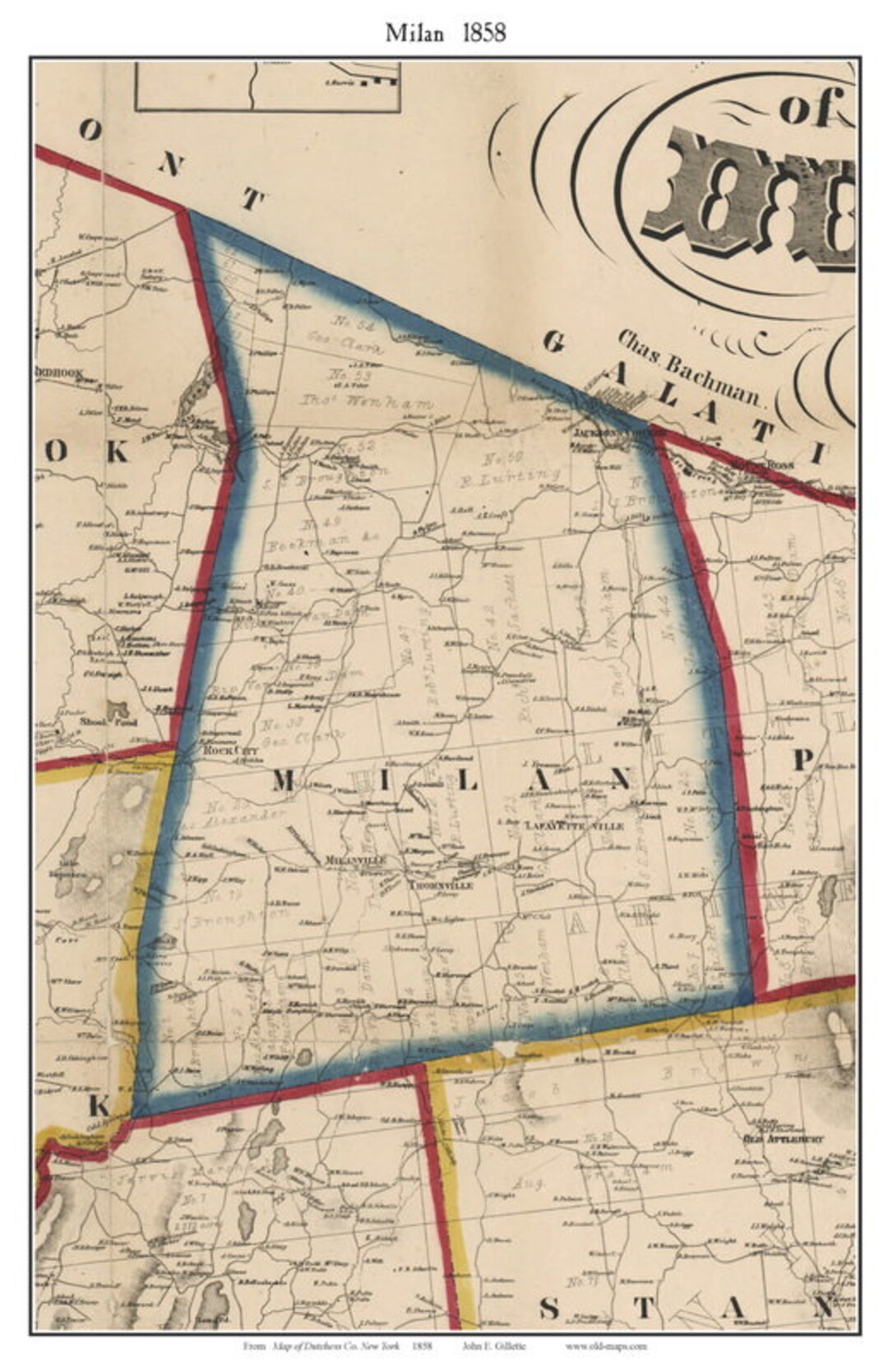 Milan 1858 Old Town Map With Homeowner Names New York - Reprint ...