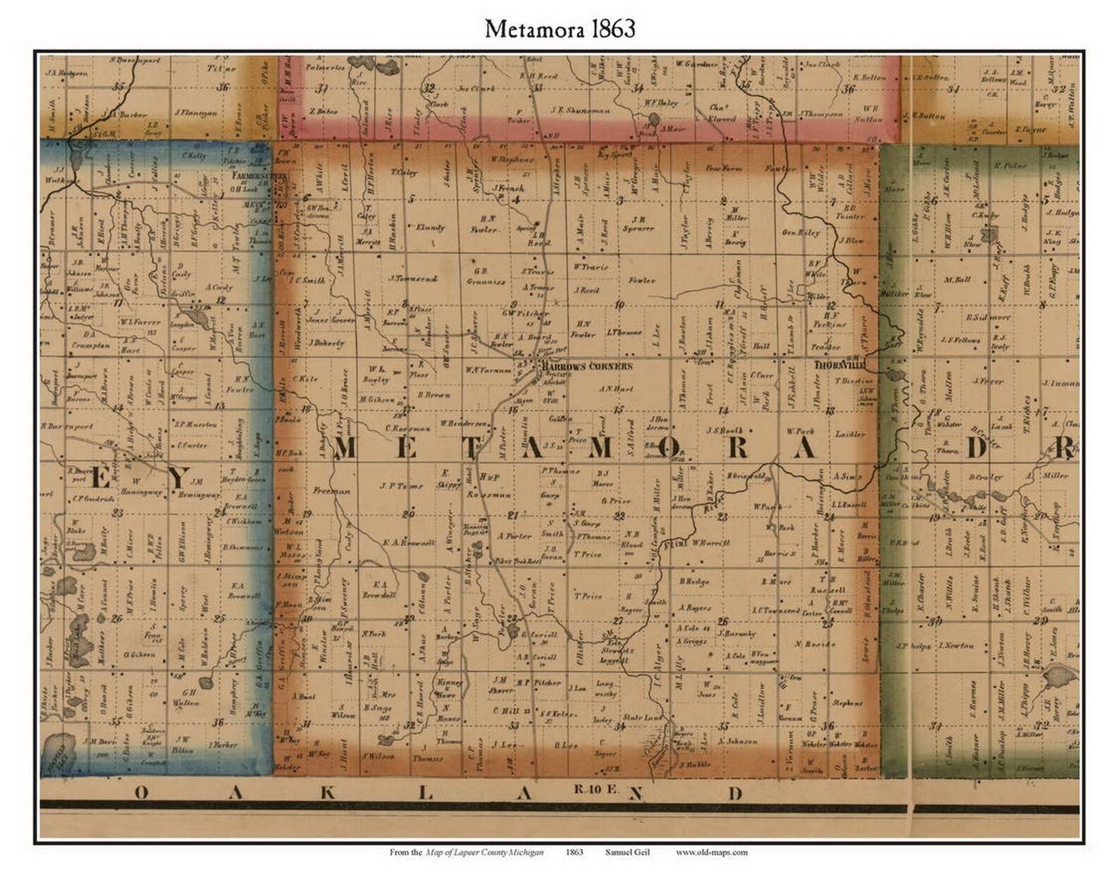 Metamora 1863 Old Town Map With Homeowner Names Michigan Reprint ...