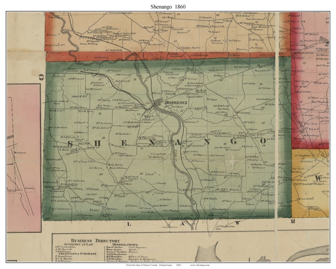 Shenango 1860 Old Town Map With Homeowner Names Pennsylvania Reprint Genealogy Mercer County PA ...