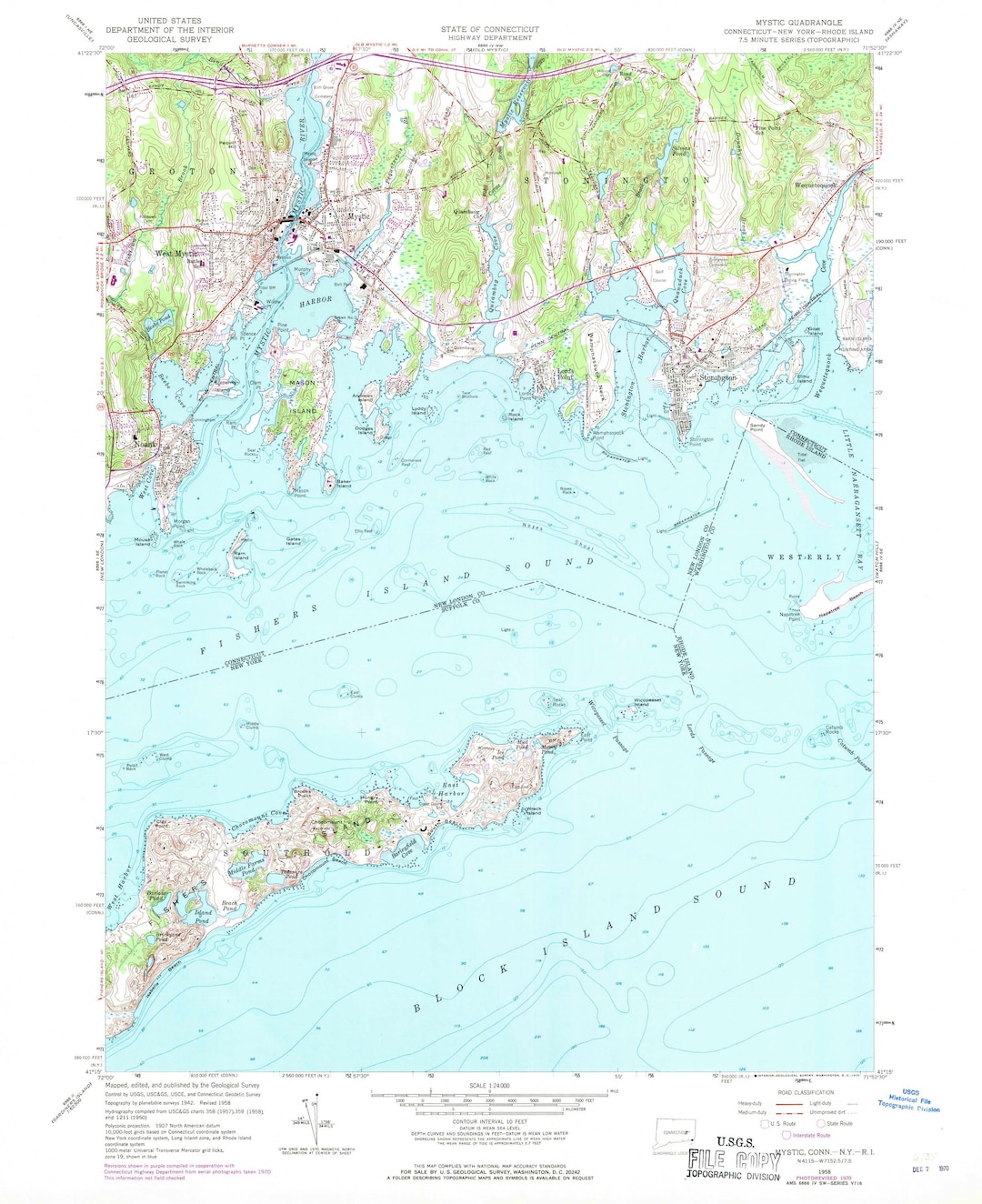 Mystic 1958 Old Topo Map - Groton, Noank, Stonington, Wequetequock Cove ...