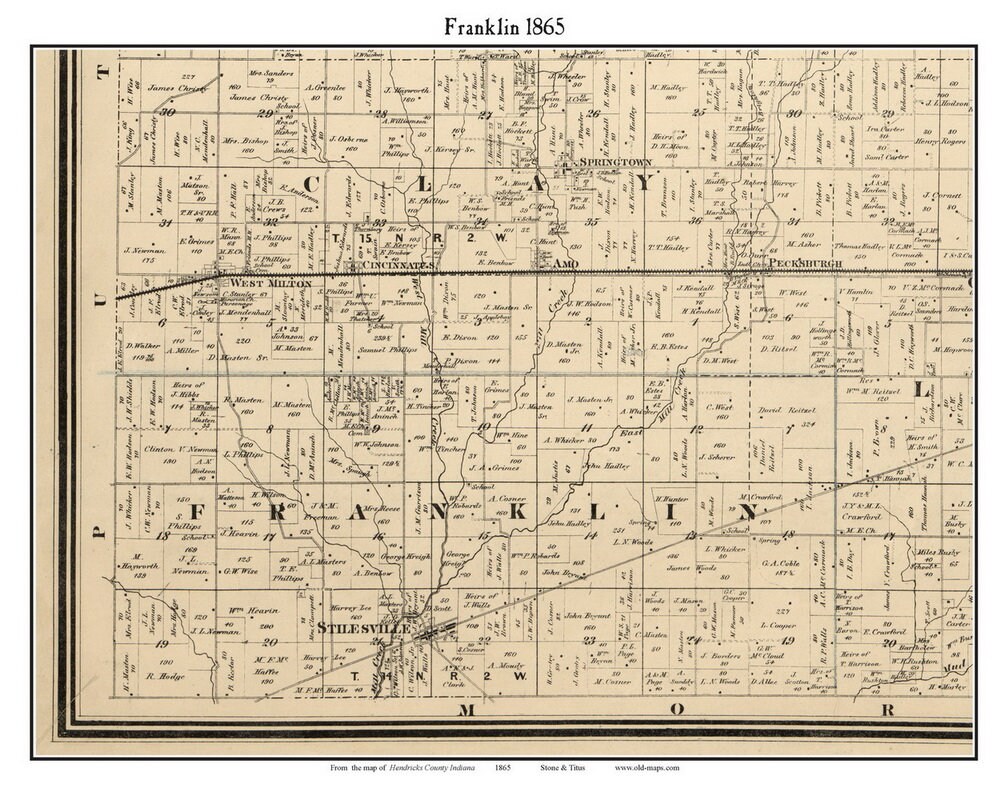 Franklin 1865 Old Town Map With Homeowner Names Indiana Stilesville ...